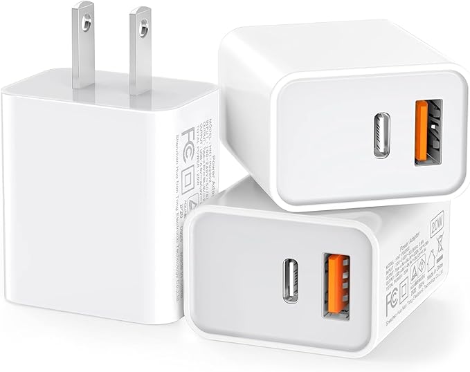 Paquete de 3 cargadores de pared USB C, adaptador de corriente QC+PD 3.0 de doble puerto de 20 W ...